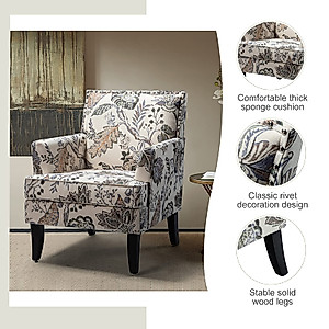 HULALA HOME Modern Accent Chair with Arms and Wooden Legs, Floral Patterned Accent Chair Armchair High Back Rest, Padded Armrest and Comfortable Cushioned Seat for Living Room (Orange Grey Floral)