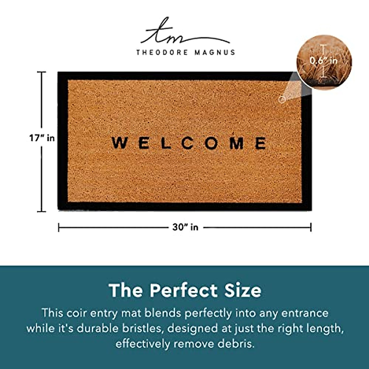 THEODORE MAGNUS Natural Coir Doormat with Non-Slip Backing - 17 x 30 - Outdoor/Indoor - Welcome Mats - Natural - Welcome w/Border - COIR-1730-15-121