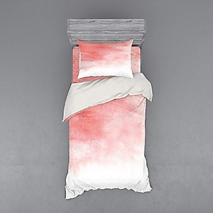 Ambesonne Peach Duvet Cover Set, Hand Drawn Watercolor Style with Brush Strokes with Ombre Effect Print, 3 Piece Bedding Set with Sham and Fitted Sheet, Twin XL Size, Coral White