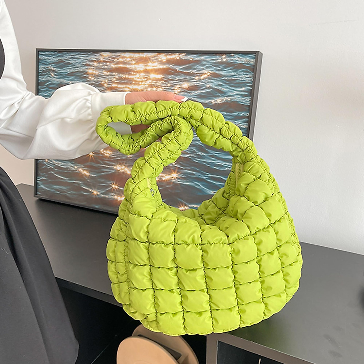 JBB Puffer Hobo Bag for Women Small Quilted Tote Handbag Padding Lightweight Puffy Shoulder Crossbody Satchel Green