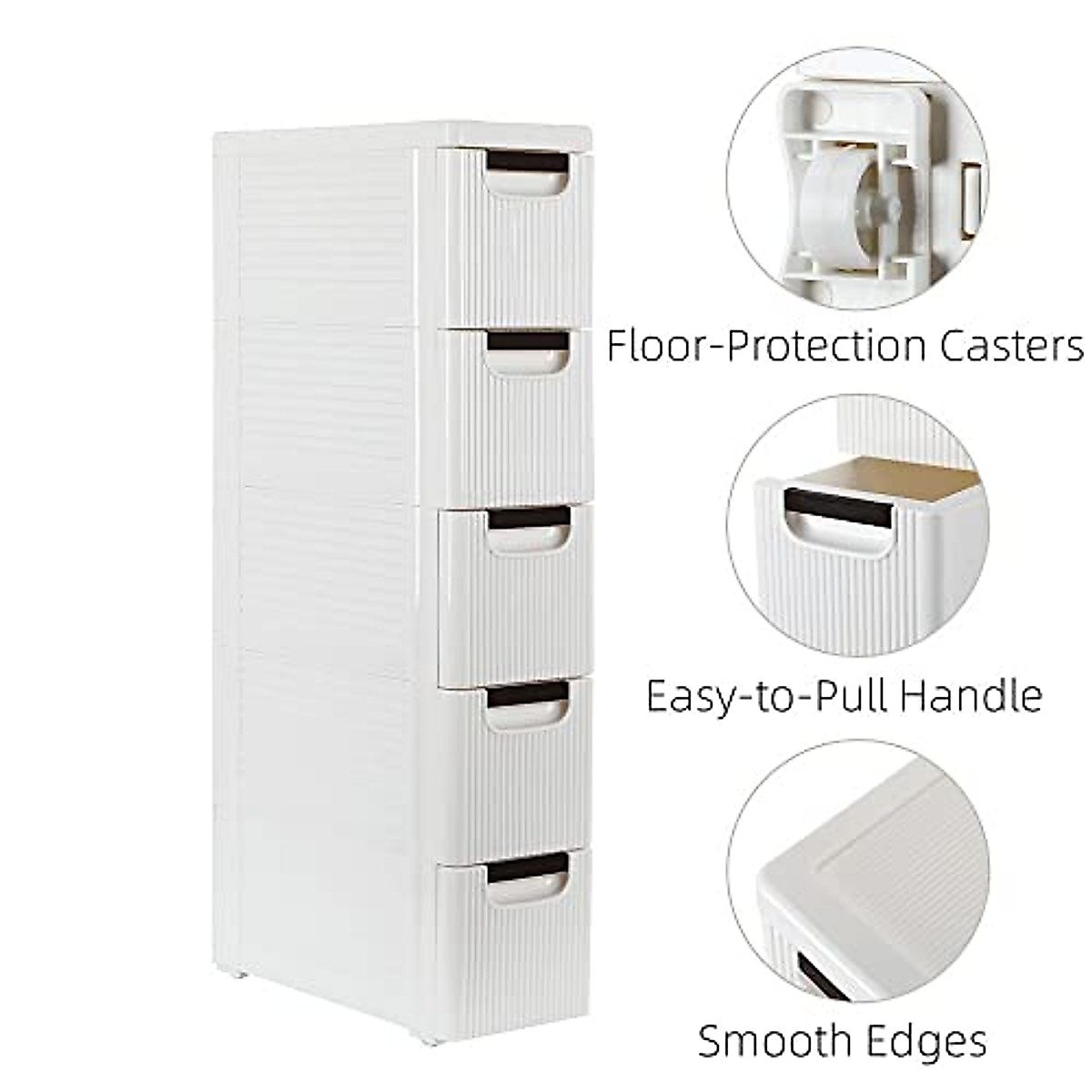 7.48in Slim Rolling Drawer on Wheels Narrow Storage Cabinet Cart with 5 Drawers, Thin Standing Shelf Units 5-tier Plastic Rolling Drawer for Bathroom, Bedroom, Living Room