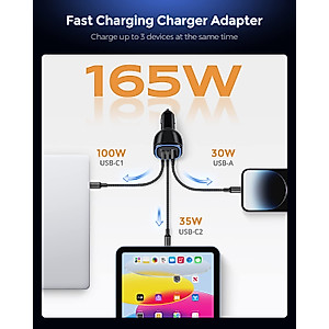 OTAO 165W USB C Car Charger,3 Ports Fast Charge Adapter PD3.1 140W PPS 45W+PD 35W PPS 25W+USB 30W Type-C Car Phone Charger for iPhone15 14 13 12 Pro Max Plus,Samsung,iPad MacBook Pro Air Laptop
