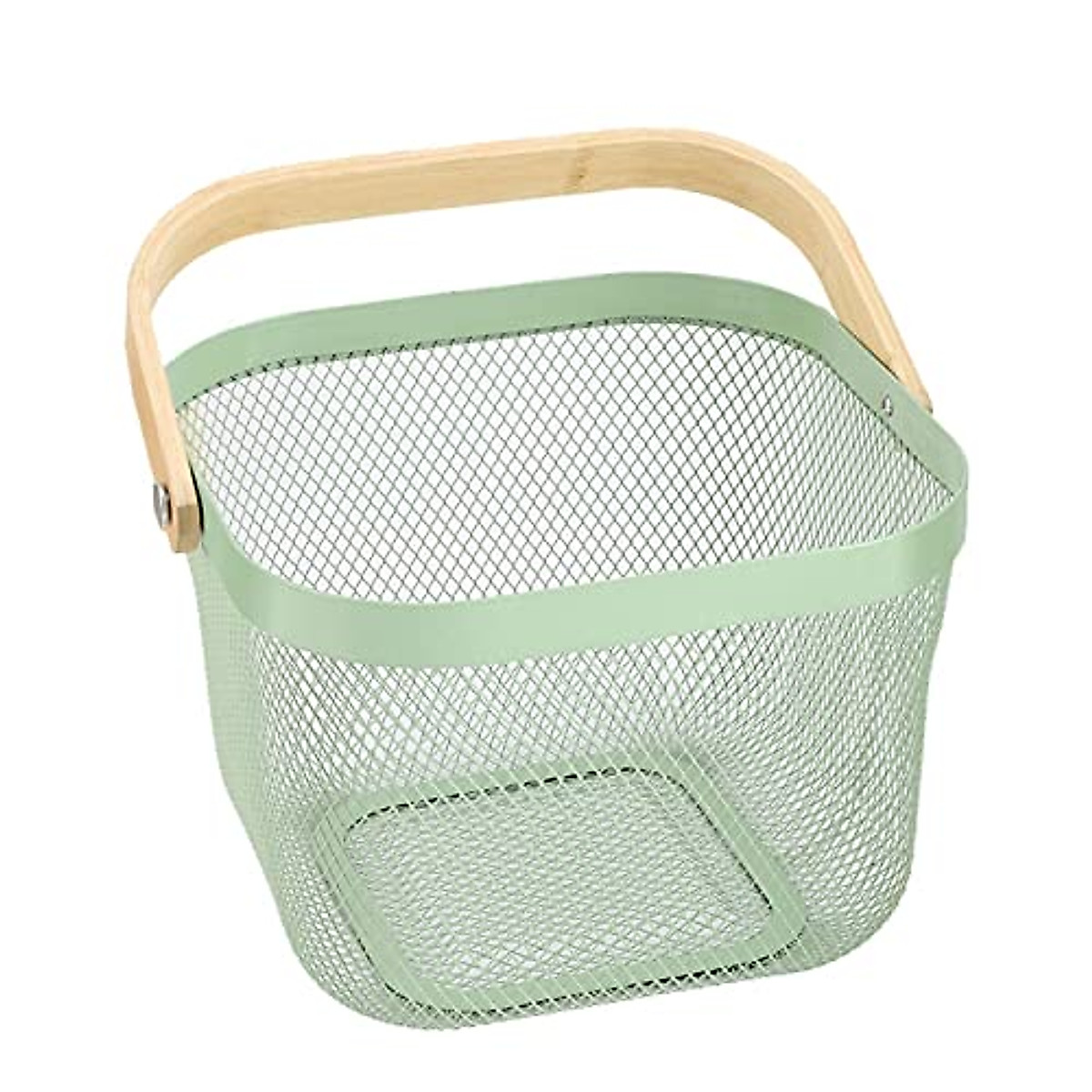 HOJKMA Mesh Steel Storage Organizer Basket, Multi-Functional Metal Wire Hanging Kitchen Baskets Fruit Basket with Bamboo Handle Ideal for Kitchen, Bathroom, Pantry, Cabinet Home, Shopping, Green