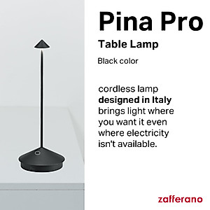 Zafferano, Pina Pro Lamp, Rechargeable Cordless Table Lamp with Touch Controls, Suitable for Indoor and Outdoor, Dimmer, 2200-3000 K, Height 11.4 Inches, Black Color