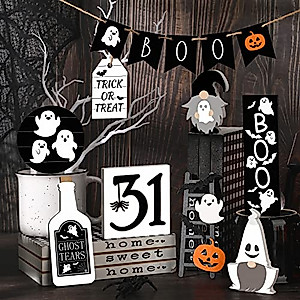 Halloween Tiered Tray Decoration Set Halloween Farmhouse Decor Boo Happy Halloween Wooden Signs Farmhouse Rustic Tiered Tray Decor Items for Home Table Houseroom(Ghost Style, 12 Pcs)