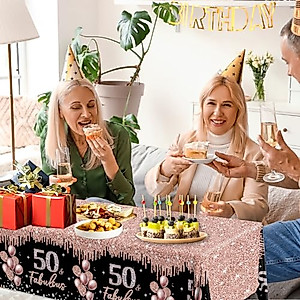 50th Birthday Tablecloth Decorations,3Pcs Rose Gold and Black Glitter Tablecloths for Women Set 50th Birthday Table Cover Rose Gold Table Cover for Women 50th Birthday Party Disposable Supplies