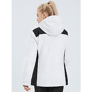 FREE SOLDIER Women's Waterproof Ski Jacket Fleece Lined Warm Winter Snow Coat with Hood Fully Taped Seams(White Black,L)