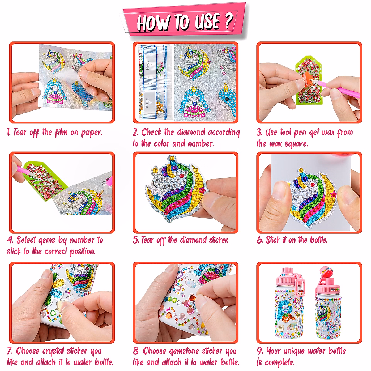 FTBox Decorate Your Own Water Bottle for Girls, Cute Arts and Crafts Gifts Toys for Girls Age 4-6-8-10-12, Unicorn/Mermaid Diamond Painting Crafts Kit for Girls Birthday Christmas Gift