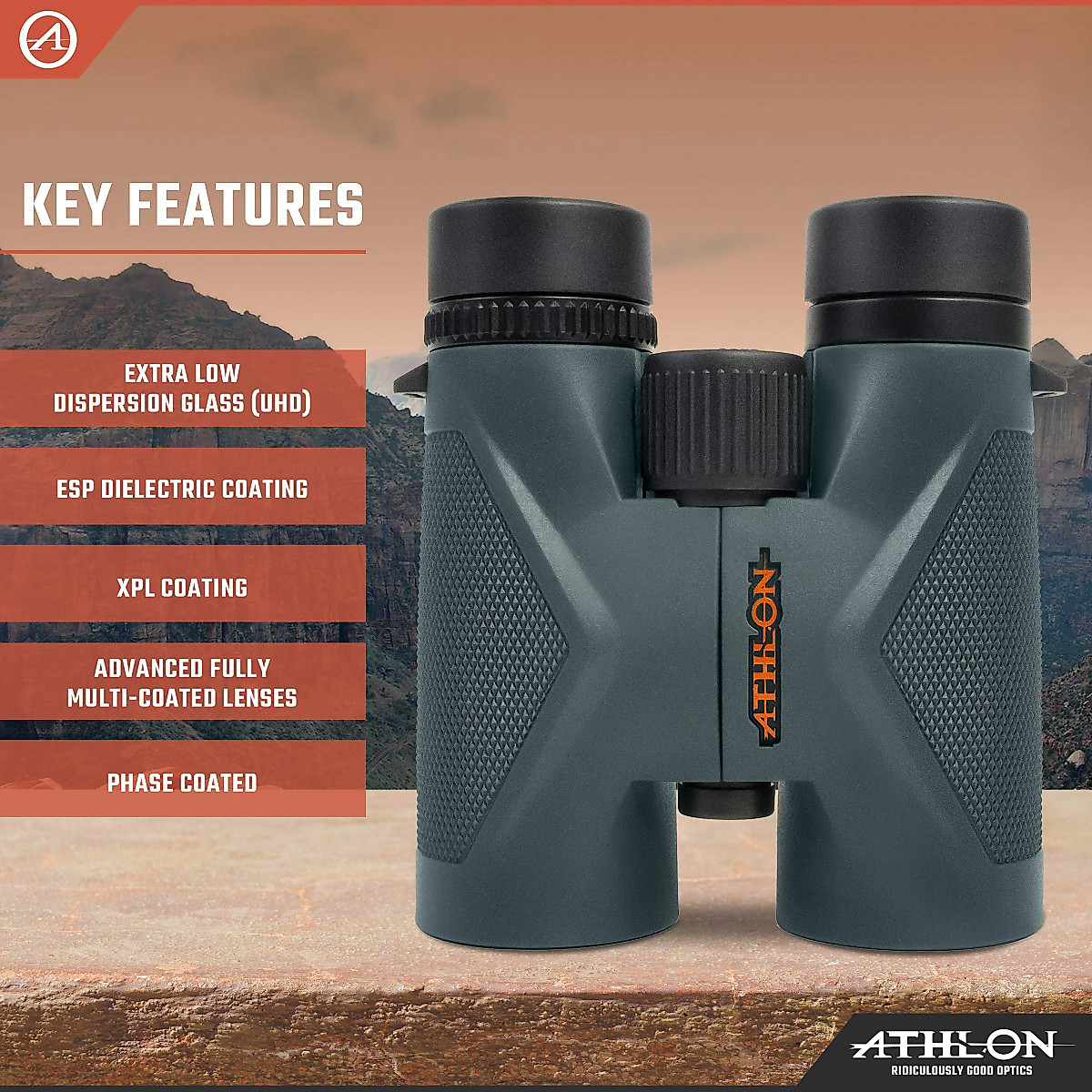 Athlon Optics 10x42 Midas G2 UHD Gray Binoculars with Eye Relief for Adults and Kids, High-Powered Binoculars for Hunting, Birdwatching, and More
