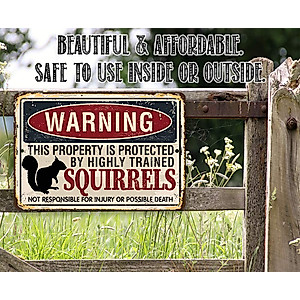 Metal Sign - Warning Property Squirrels - Durable Metal Sign - Use Indoor/Outdoor - Cute and Funny Garden Decor and Gift Under $20 (8" x 12")