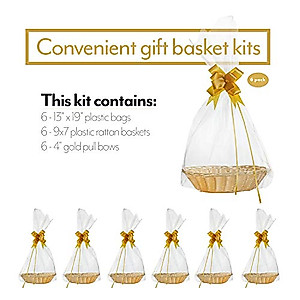 [6 pk] Baskets for Gifts Empty| 7x9" Small Wicker-look Empty Baskets to Fill| DIY Gift Basket Set with Basket Bags and Gold Pull Bows| Thanksgiving, Christmas, Easter Gift Basket Kit| Gift to Impress