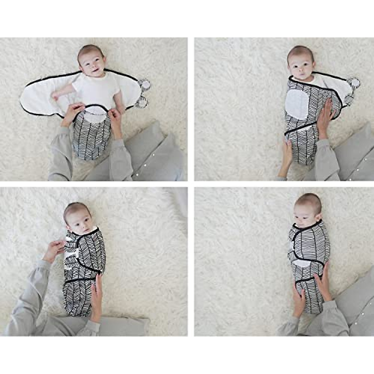 BaeBae Goods Swaddle Blanket, Adjustable Infant Baby Swaddling Wrap Set of 4, Baby Swaddling Wrap Blankets for Boys and Girls Made in Soft Cotton (0-3 Months, Black/Grey Triangles)