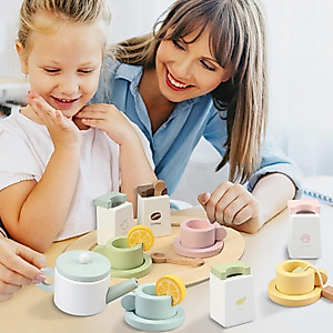 Wooden Tea Set for Little Girls - 20Pcs Tea Party Toys Set - Toddler Play Kitchen Accessories Play Food Toy for Kids Boys Girls