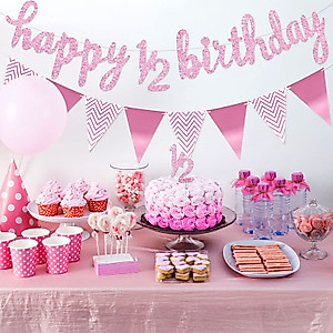 6 Months Banner Happy Birthday Banner Happy 1/2 Birthday Banner Glitter 1/2 Half Year Cake Topper Triangle Flag Banner for Half Year Baby Shower Birthday Party Decoration, Pre-strung (Pink)