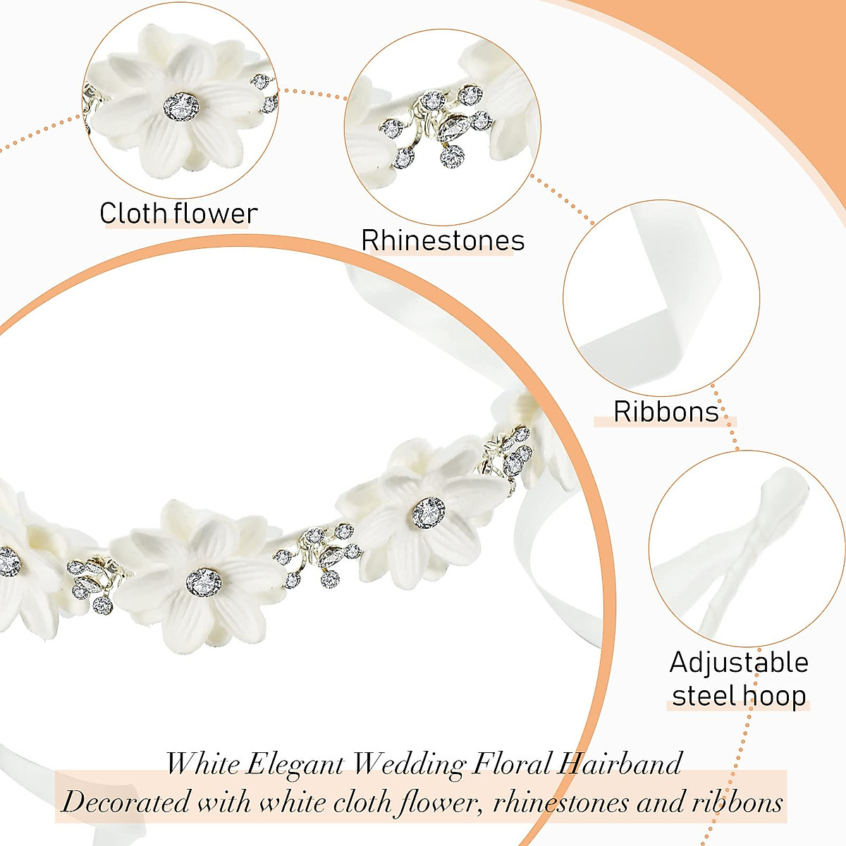 Syhood 2 Pieces Girl Elegant Headband Flower Headpiece White Flower Headband with Ribbon and Rhinestones Cute Bridal Wedding headband for Girl Party Hair Accessories