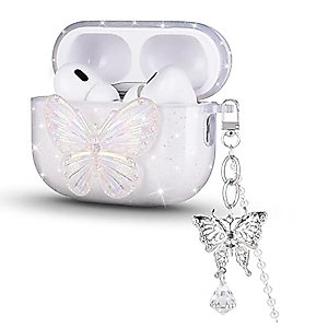 Glitter Case for AirPods Pro 2 (2022) with Crystal Bracelets Keychain Cute Sparkle Pretty Bling Butterflies Design Soft TPU Clear Cover Case Compatible for AirPod Pro 2nd Generation Girls Women