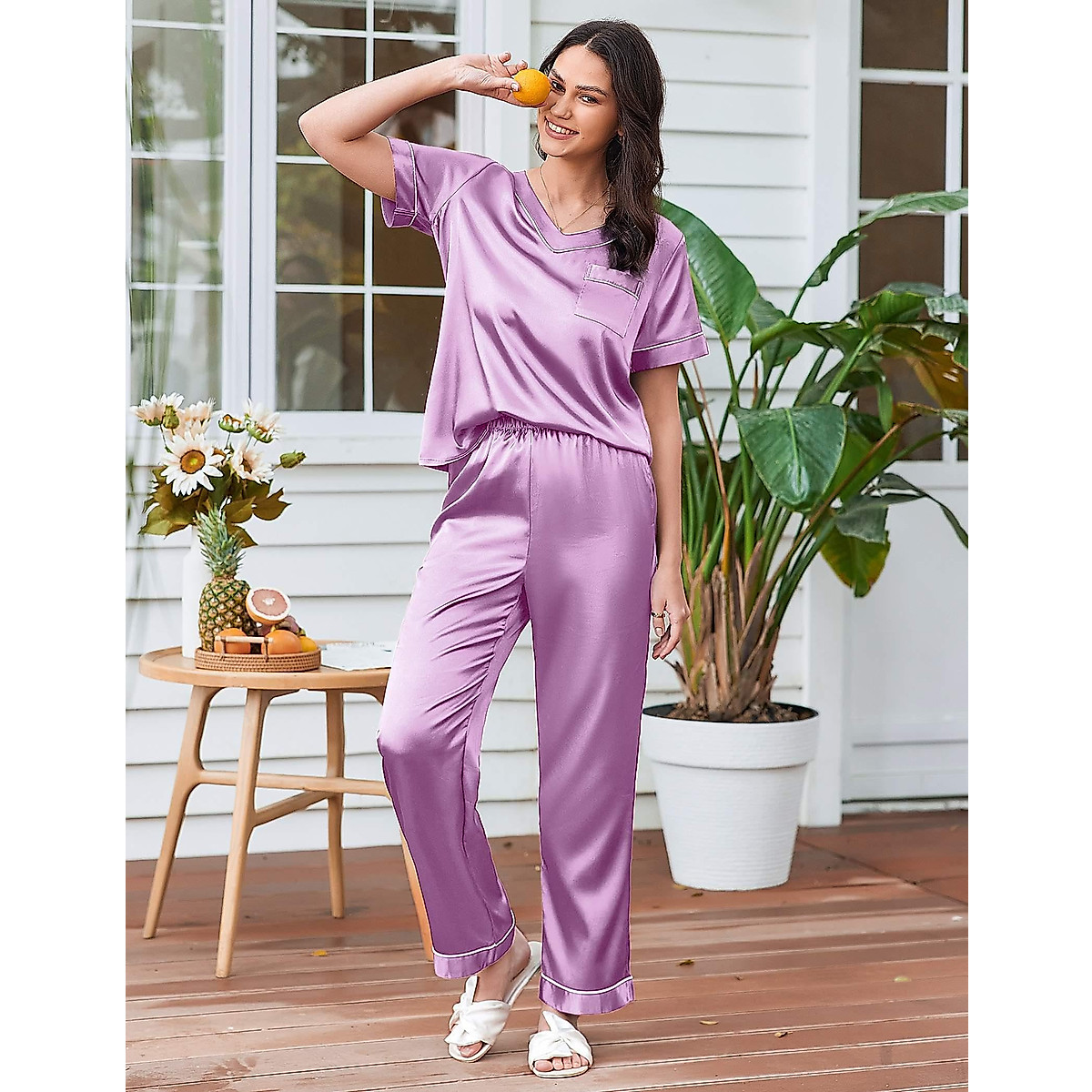 Ekouaer Silky Pajamas for Women Silk Pajamas for Women Classic Satin Sleep Sets Short Sleeve Pjs Set Loungewear Lavender L