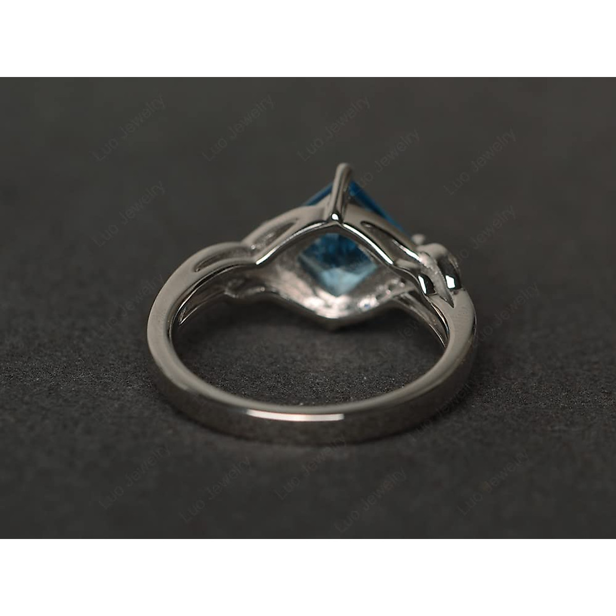 LUO 925 Sterling Silver Swiss Blue Topaz Ring Kite Set Square Cut 7X7 MM Engagement Ring for Women US Size 5