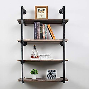 Industrial Pipe Floating Shelves,4 Tiers Wall Mount Bookshelf,30in Rustic Wall Shelves,DIY Storage Shelving Wall Shelf,Rustic Wall Shelving Unit,Wall Book Shelf for Home Organizer,Black Brushed Silver