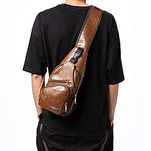 Men's Leather Sling Bag Multipurpose Daypack Shoulder Chest Crossbody Bag Black