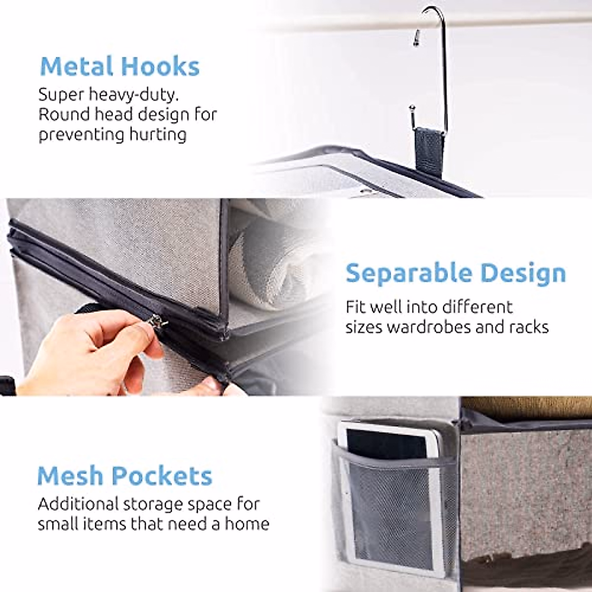 YOUDENOVA Hanging Closet Organizers with Drawers, Two 3-Shelf Separable Closet Hanging Shelves for Dorm, RV, Canvas, Grey