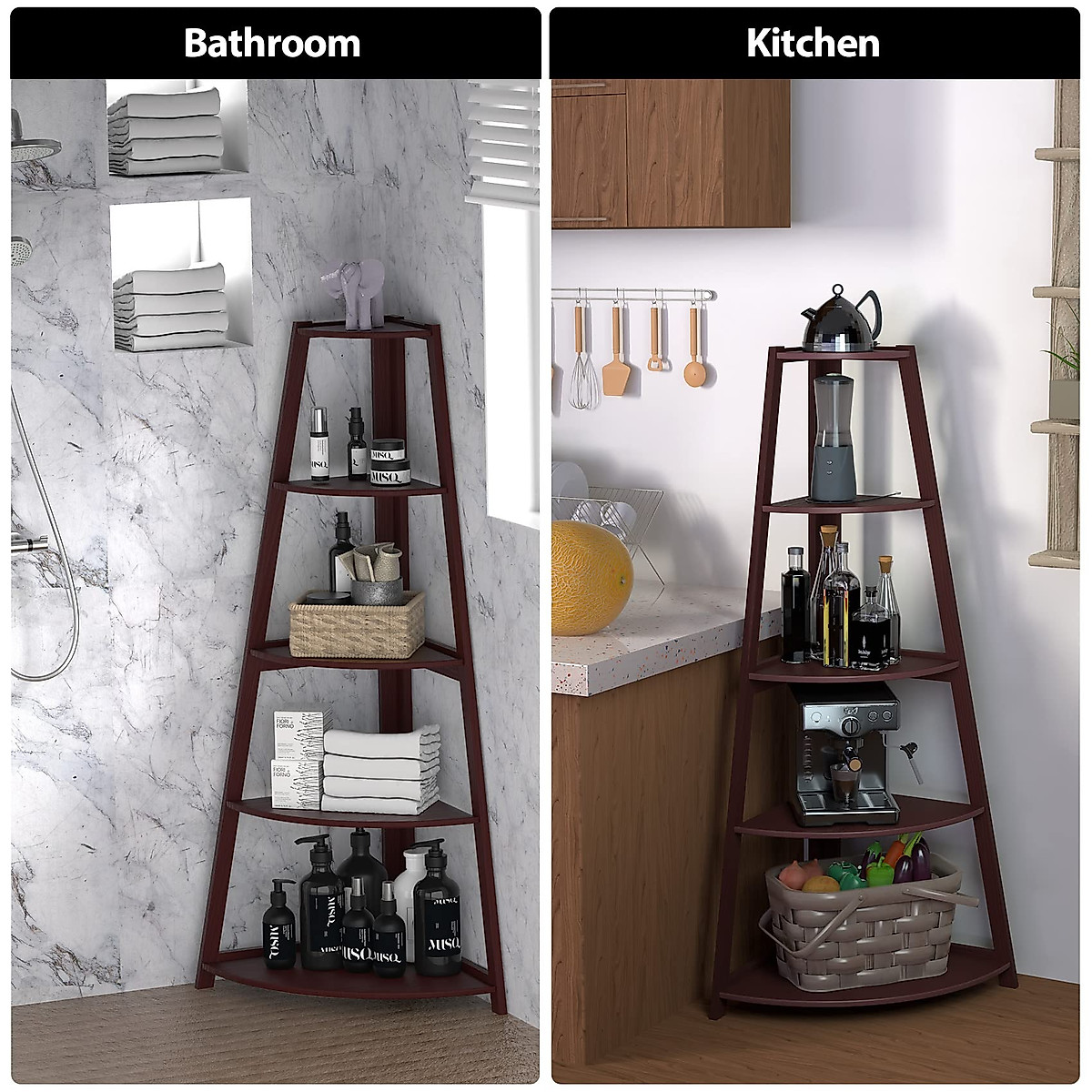 Corner Shelf, TopMade 5-Tier Corner Shelf Stand Industrial Ladder Bookcase Small Storage Rack Bookshelf Float Corner Shelves Wood Furniture Plant Stand for Living Room Kitchen Home Office-Rustic Brown