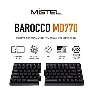 Mistel BAROCCO MD770 TKL Split Mechanical Keyboard with Cherry MX Blue Switch, Ergonomic Keyboard with Orange Letter PBT Double Shot Keycaps for Windows and Mac, Programmable Macro Support, ANSI/US