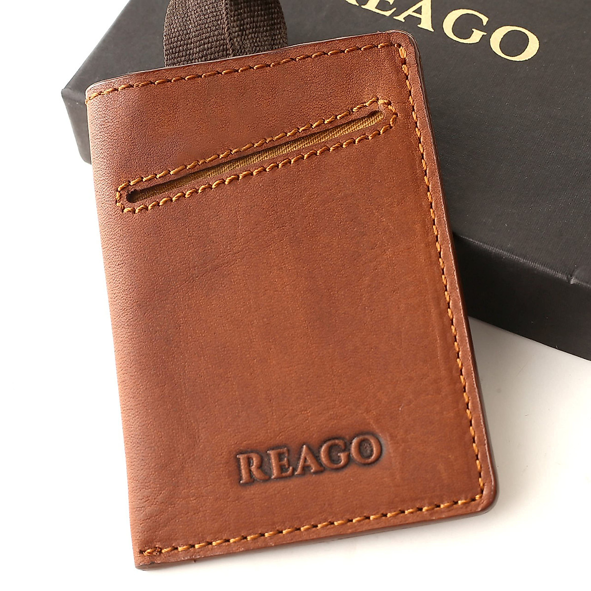 REAGO Handcrafted Front Pocket RFID Crazy Horse Leather Wallet for Men Women, Credit Card Holder, Strong Stitching, Slip Pocket, Slim Minimalist Wallet
