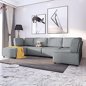 Mjkone Sleeper Sectional Sofa Bed Convertible U Shaped Sofa with Ottoman Linen Fabric L Shaped Couch Variable Modular Sectional Sofa Couches for Living Room Apartment Small Space, Light Grey