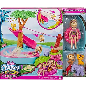 Barbie and Chelsea The Lost Birthday Splashtastic Pool Surprise Playset with Chelsea Doll (6-in), 3 Baby Animals, Slide, Zipline & Accessories, Gift for 3 to 7 Year Olds