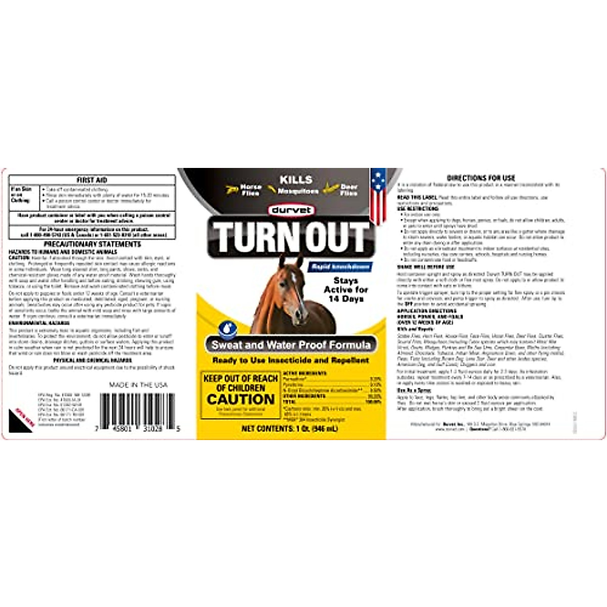 Durvet Turn Out Insecticide and Repellent for Horses and Dogs. Sweat and Water Proof Formula Stays Active for Up to 14 Days. Spray or Wipe On. Ready-to-Use 32-Ounce Spray Bottle. Made in USA.