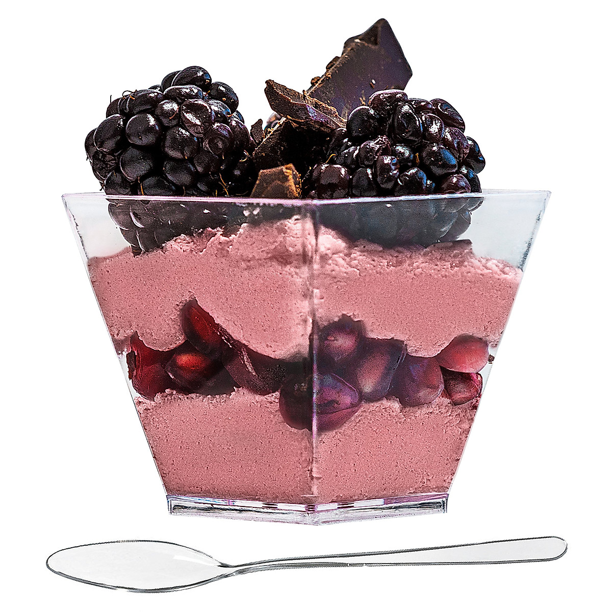 ImpiriLux 2 oz x 100 ct Dessert Cups with Spoons | Square Mini Plastic Dessert Cups + 100 Spoons | Chic Presentation of Desserts, Appetizers, Catering and Much More