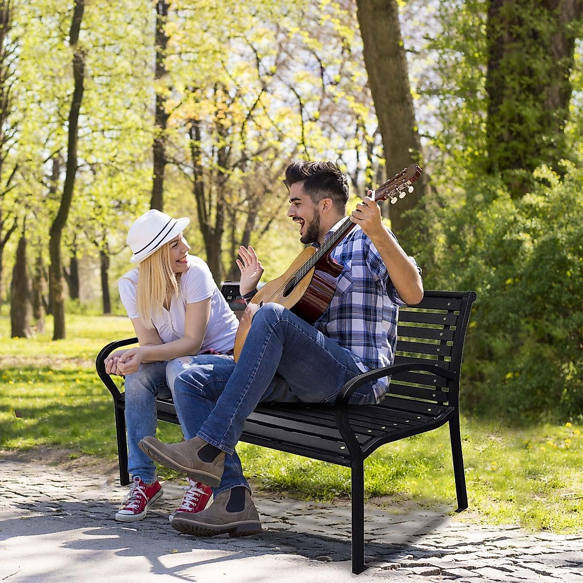 FunMay Patio Bench, Black Steel and WPC, Durable Outdoor Seating