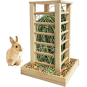 kathson Wooden Hay Feeder Rabbit Less Waste Food Feeding Rack Standing Pet-self Feeding Hay Manager Grass Holder Small Animals Cage Accessories for Bunny Chinchilla Guinea Pig