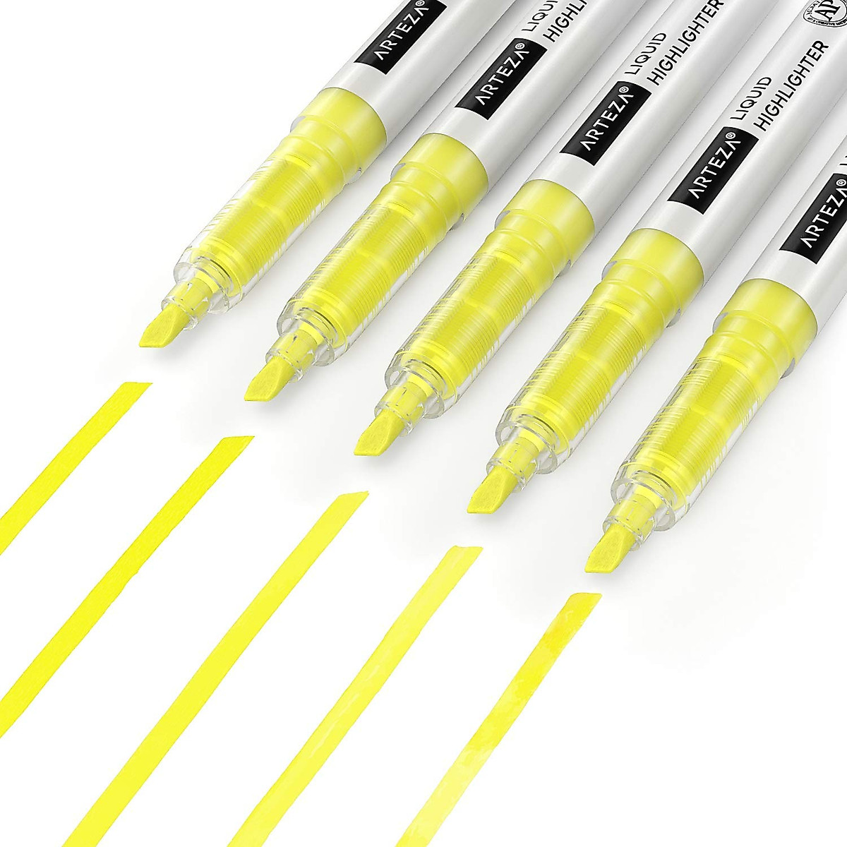 ARTEZA Liquid Highlighter Pens, Set of 12, Narrow Chisel Tip, Bulk Pack of Yellow Highlighters, Office Supplies for Bullet Journal, Notes, or Books