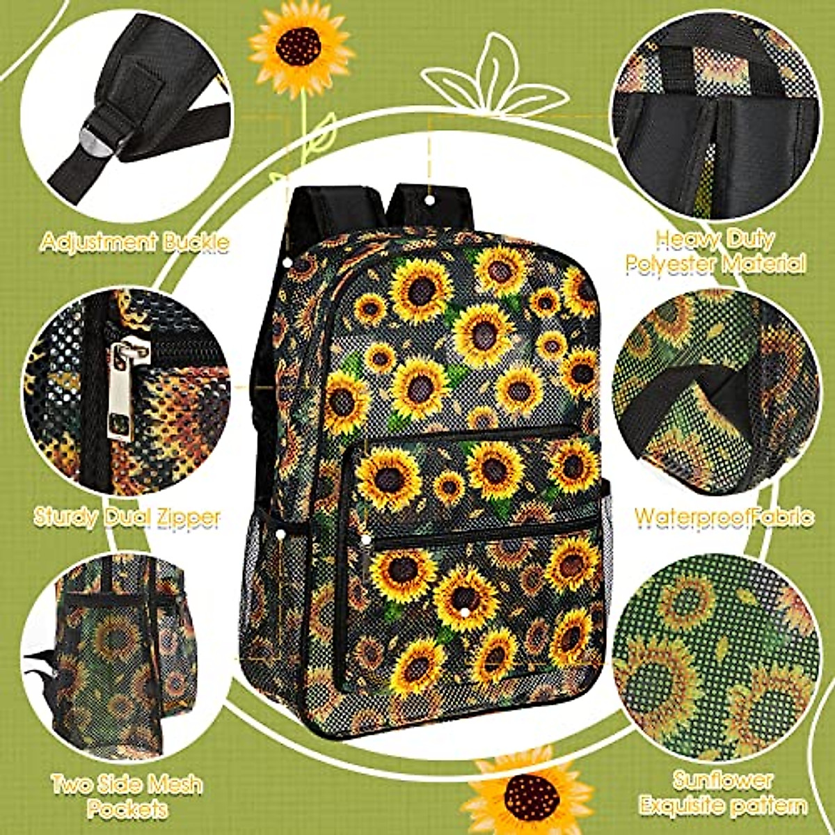 Silkfly Sunflower Mesh Backpack Cow Semi Transparent Sackpack School Bags for Girls with Cow Sunflower Lunch Bag and Pencil Case See Through Beach Bag Mesh (Sunflower Style)