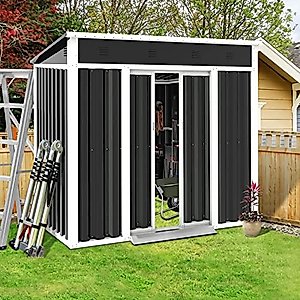 SUNCROWN 4x6 Ft Outdoor Storage Shed Galvanized Steel Garden Shed Tool House with Sliding Door - Grey
