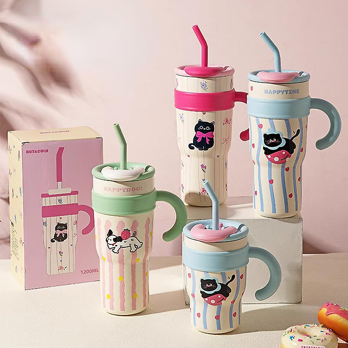 24/40 Oz Cute Dog/Cat Stainless Steel Vacuum Insulated Tumbler with Lid Straw Handle, Cartoon Aesthetic Keep Hot/Iced Spill Proof Coffee Travel Mug (Pink,41 Oz)
