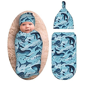 Sea Waves Dolphins Sharks Whale Octopus Newborn Swaddle Blankets Baby Wrap Blanket Soft with Beanie Hat Sets Gifts for Infant Boy Girl