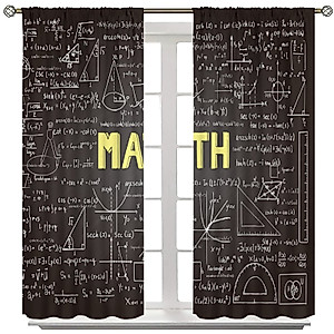 Mathematics Room Curtains, Dark Blackboard Backdrop with Math Equations Geometry Axis Art Blackout Rod Pocket Curtains for Classroom Study Bedroom Living Room Window Drapes 42x63in