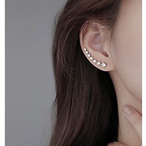 Reffeer 925 Sterling Silver 7 Crystals Ear Cuffs Earrings Climber Wraps for Women Crawler Earrings (A-Silver)