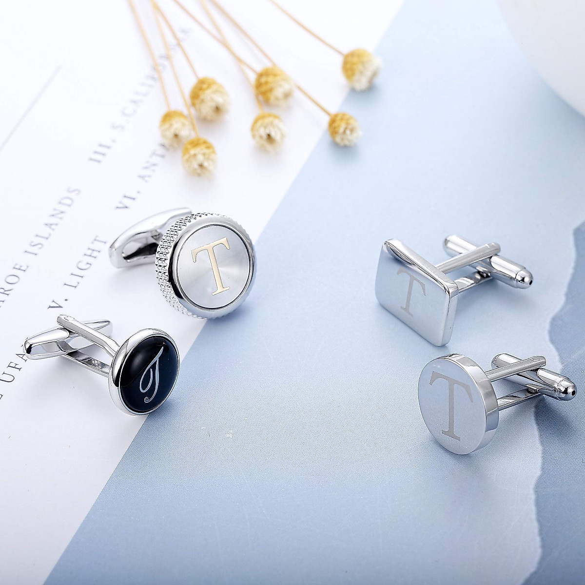 LOYALLOOK 4Pairs Men's Initial Letter T Shirts Cufflinks Engraved Shirt Cufflink Alphabet Set Fashion Dazzle Tuxedo Cufflinks Business Wedding Father's DayGift