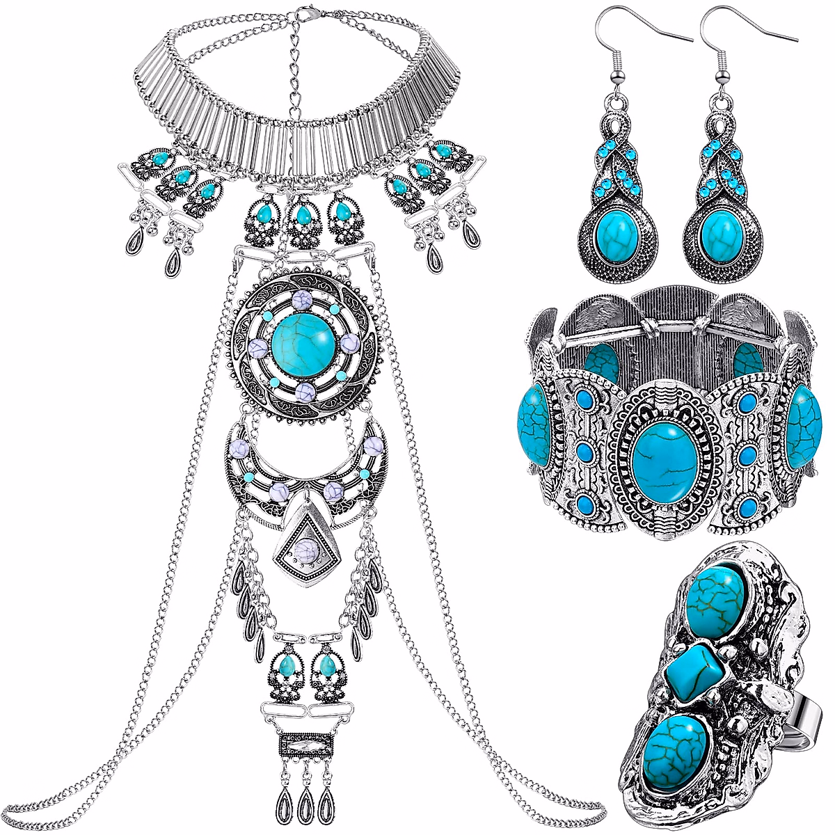 4 Pieces Boho Turquoise Jewelry Set Includes Boho Statement Necklace Body Chains Alloy Oval Resin Drop Dangle Earrings Adjustable Heart Compressed Turquoise Bracelet Turquoise Statement Ring for Women