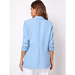 WDIRARA Women's Open Front Ruched Half Sleeve Blazer Elegant Office Work Jacket Pure Plain Blue XS