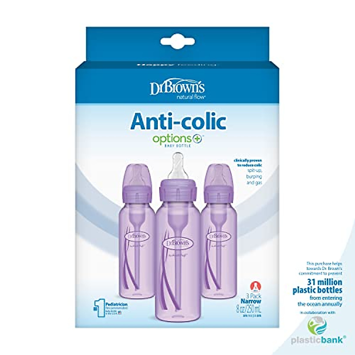 Dr. Brown’s Natural Flow® Anti-Colic Options+™ Narrow Baby Bottles 8 oz/250 mL, with Level 1 Slow Flow Nipple, 3 Pack, Purple, 0m+