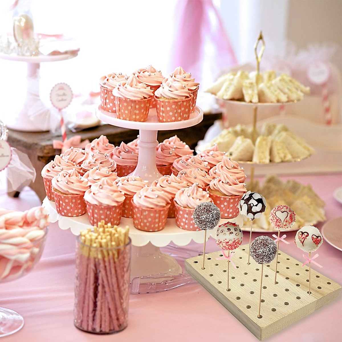 Cake Pop Stand 3 Pack Wooden Cakepops Stand Display Holder 56 Holes Wood Lollipop Holder Stand Decorative Candy, for Party, Birthday, Weddings, Anniversaries, Baby Showers, Fit 4mm Lollipop Sticks