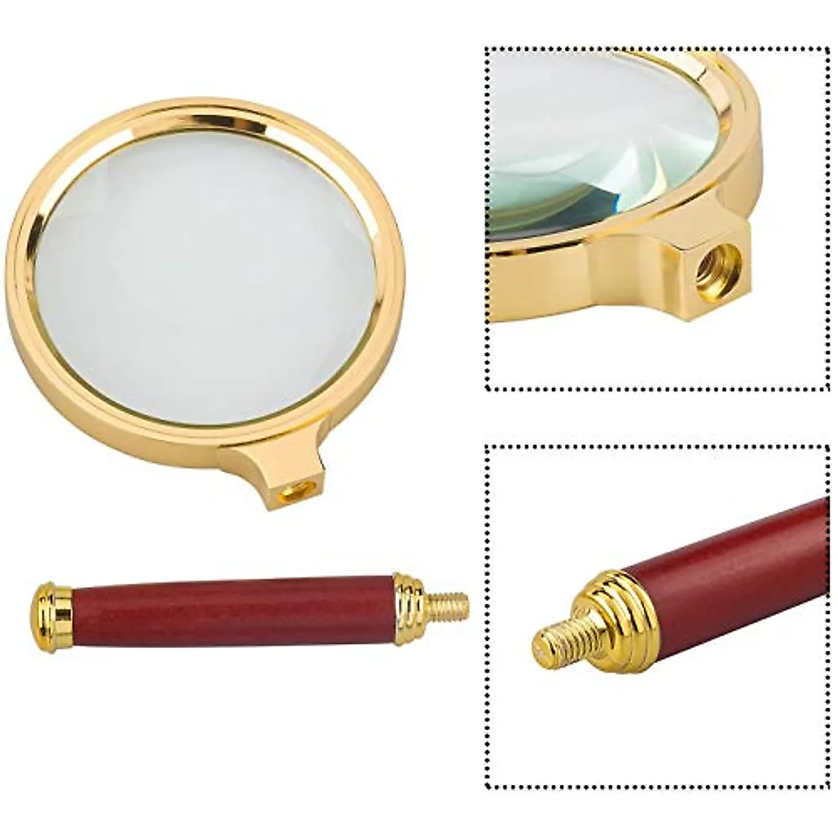 BASUNE 10X Handheld Magnifier, Reading Magnifier Loupe Glasses 10X with Rosewood Handle for Book and Newspaper Reading, Insect and Hobby Observation, Classroom Science (Clear, Plastic Frame)