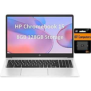 HP Chromebook 15 15.6" HD (Intel Pentium N6000, 8GB RAM, 128GB Storage (64GB eMMc + 64GB SD Card), UHD Graphics, Numeric KB) Home & Student Laptop, Anti-Glare, Webcam, Wi-Fi, IST SD Card, Chrome OS