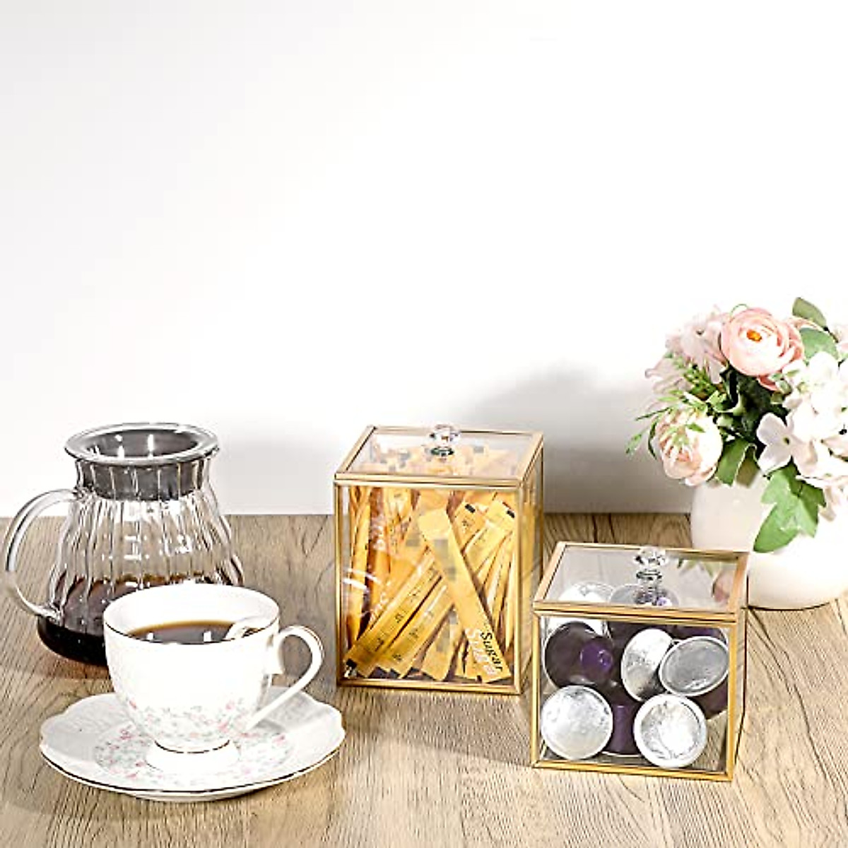 Hipiwe 2 Pack Glass Qtip Holder Dispenser With Lid Gold Bathroom Containers for Cotton Balls Makeup Sponges Bath Salts Candles Vanity Canisters Countertop Storage Organizer Jar