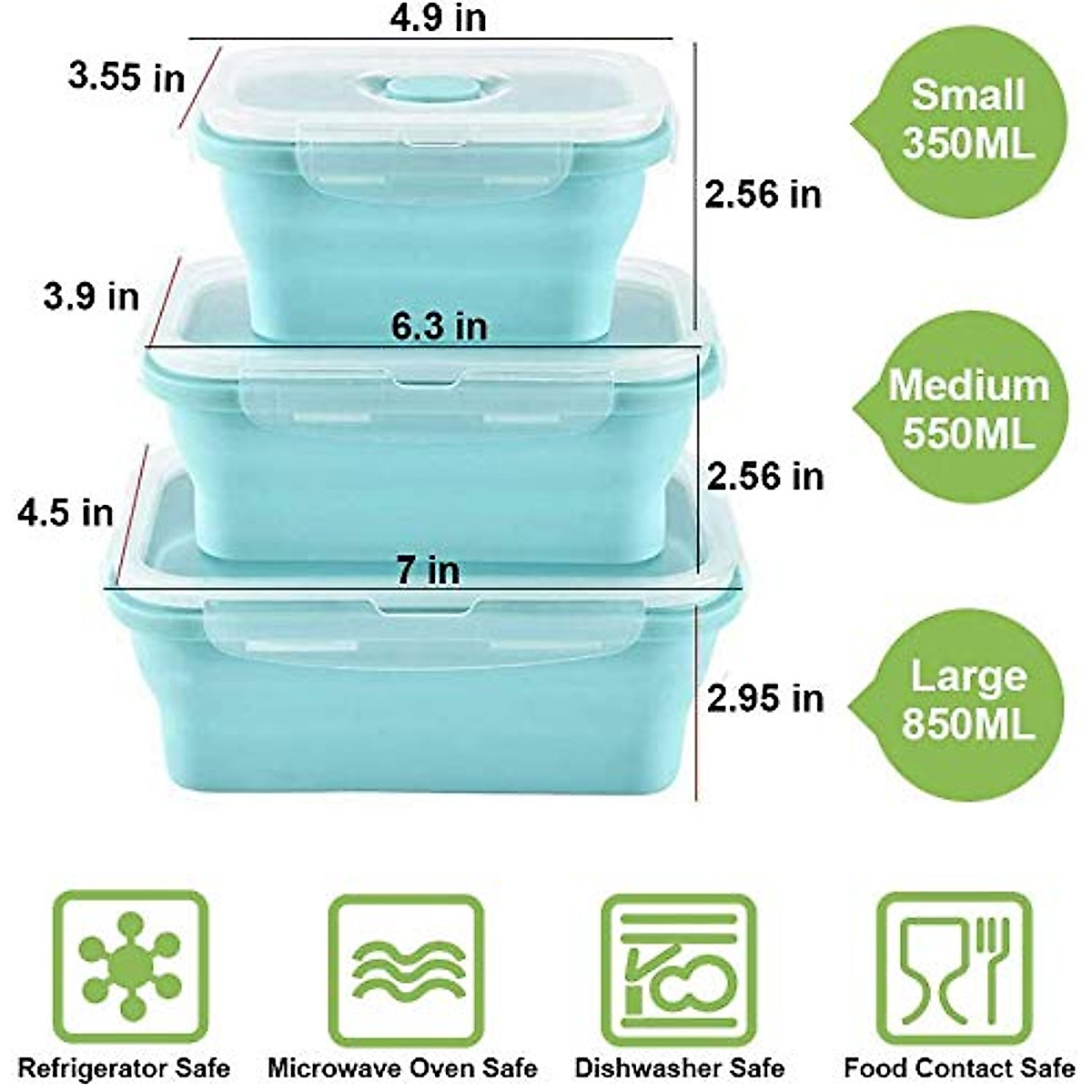 BPA Free Silicone Food Storage Containers with Airtight Plastic Lids Set Of 3 Space Saving Microwaveable Freezer Dishwasher Safe Collapsible Leftover or Meal Prep Lunch Box